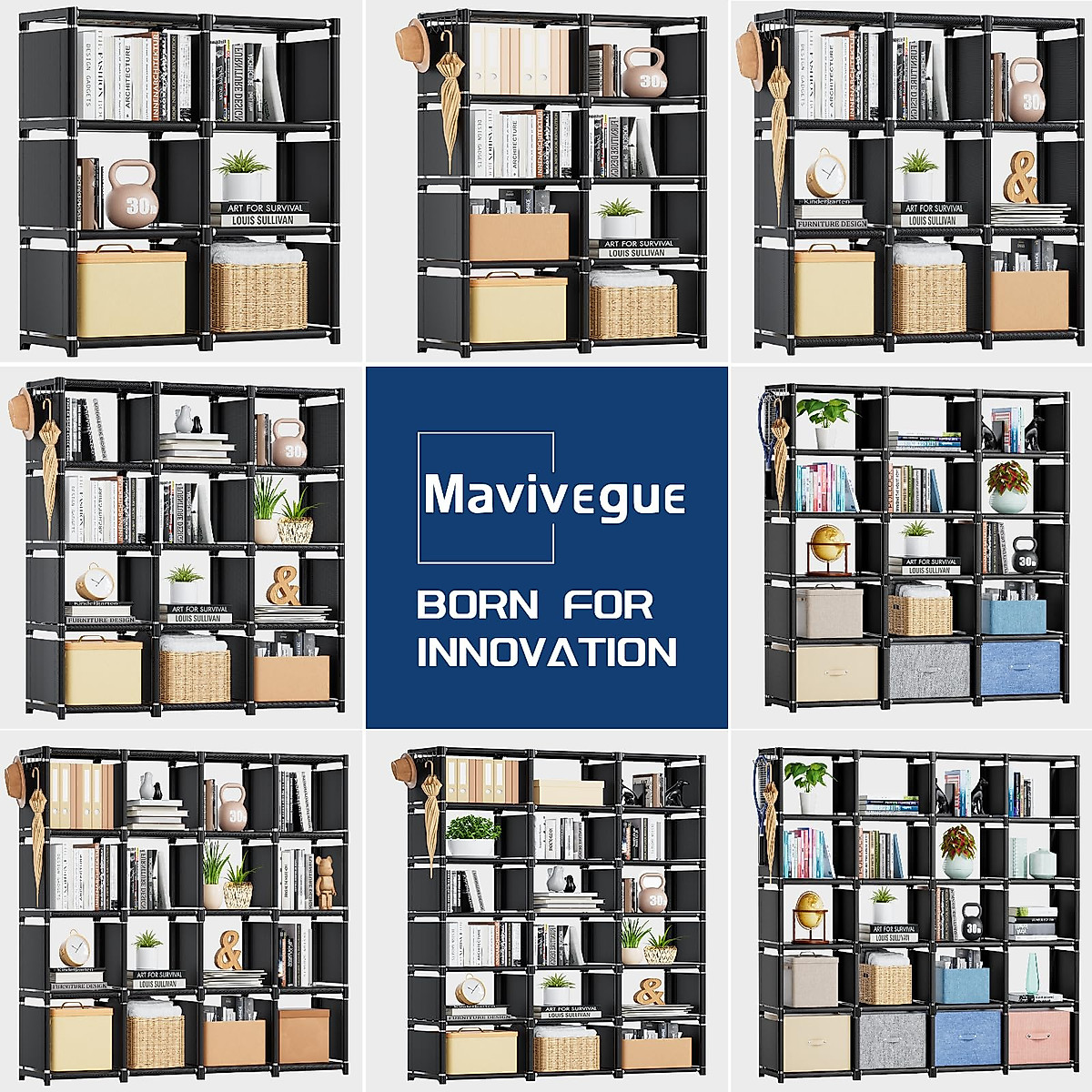 Mavivegue Book Shelf, 9+12+16+18 Cube Storage Organizer, DIY Bookcase, Metal Cube Bookshelf, Tall Book case for Bedroom, Living Room,Office, Closet Storage Organizer, Black Cubicle Storage Rack-Black