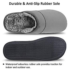 DL Memory Foam Slippers with Fuzzy Plush Lining, Slip-On House Slippers for Men & Women, Anti-Skid Rubber Sole, Indoor/Outdoor, Grey, 9-10