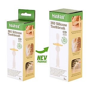 haakaa 360° Baby Toothbrush with Suction Base - Gentle Cleaning for Infant Self-Brushing Training, Food-Grade Silicone, Adjustable Safety Shield - Translucent (1 Piece)