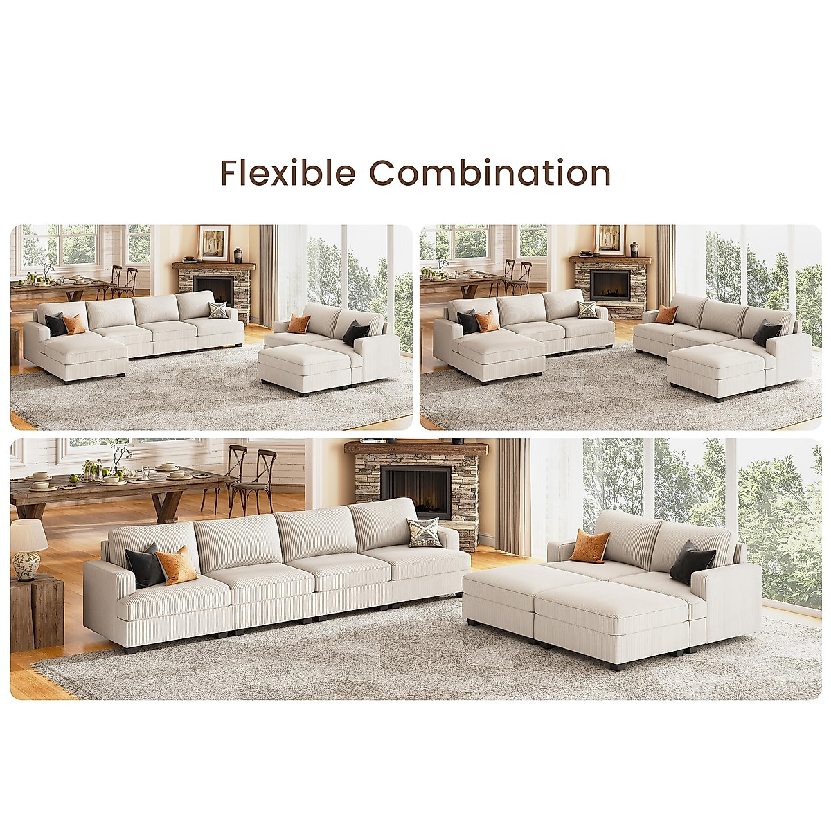 Nolany Modular Sectional Couch with Storage Ottoman, Corduroy Sectional Sleeper Sofa with Chaise, Sectional Couches for Living Room, Beige