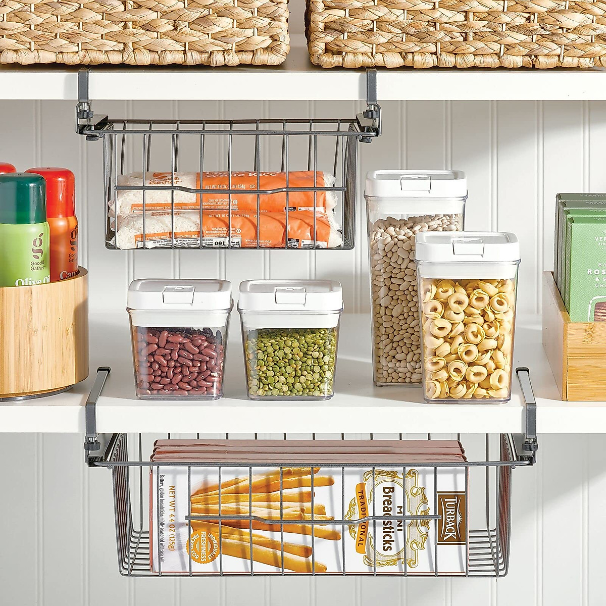 mDesign Compact Hanging Pullout Drawer Basket - Sliding Under Shelf Storage Organizer - Metal Wire - Attaches to Shelving - Easy Install - for Kitchen, Pantry, Cabinet - Graphite Gray