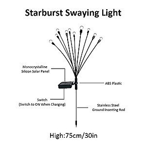 JSMAASER 2Pcs 10 LED Solar Powered Firefly Lights, Garden Lights Solar Powered Waterproof, Starburst Swaying Light Swaying When Wind Blows for Landscape, Pathway, Patio, Christmas (Warm White, 10 LED)