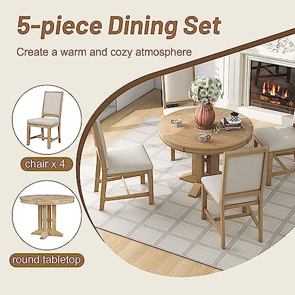 Dining Table Set for 4 Round Extendable Kitchen Table and Chairs 5 Piece Farmhouse Solid Wood Round Dinner Table Set for Dining Room Dinette Breakfast Nook, Natural Wood Wash