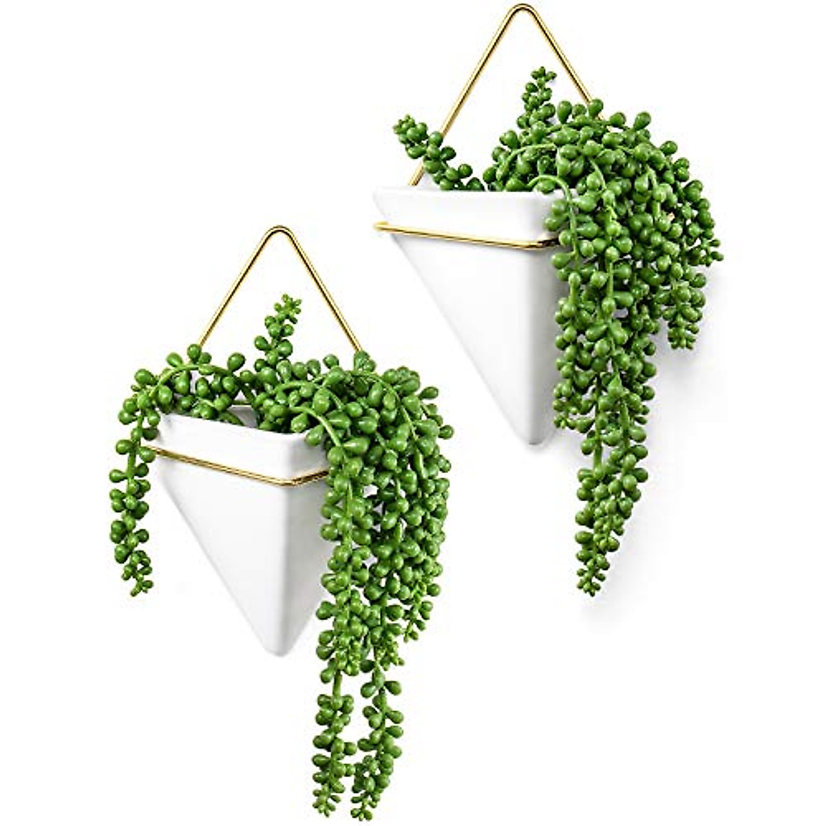 Dahey Geometric Wall Planter Hanging Vase with Artificial Succulent Plants Fake String of Pearls Modern Small Ceramic Wall Decor for Indoor Outdoor Home Office Garden, 2 Pack