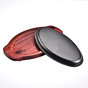 YYJINGYOU Cast Iron Steak Fajita Plate Set with wood Plate for Steak Pizza (11 x 7 inch)