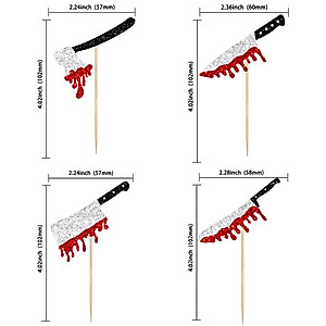 24Pcs Halloween Cupcake Toppers Glitter Horror Blood Knife Cupcake Picks Killer Birthday Cake Decorations for Halloween Blood Knife Theme Birthday Party Supplies