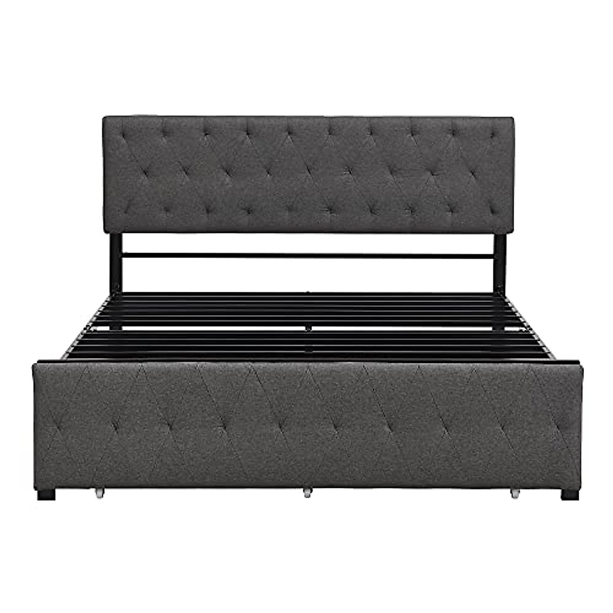 TARTOP Queen Size Upholstered Platform Bed with Storage Drawer, Metal Queen Bed Frame with Headboard，No Box Spring Required，Gray