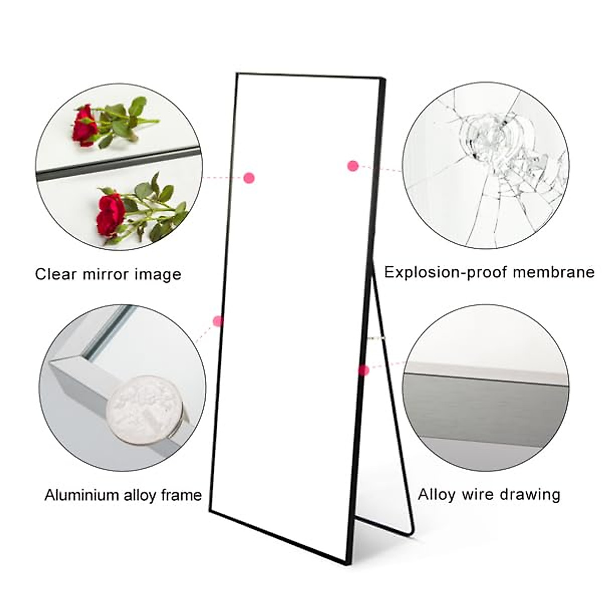 Black Full Length Floor Mirror with Stand for Bedroom and Bathroom Large Wall Hanging Mirror with Shatterproof for Living Room and Closet Aluminum Alloy Frame, Big Size, Free Standing, Gym Mirror