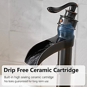 BATHLAVISH Bathroom Vessel Sink Faucet Oil Rubbed Bronze Black Farmhouse Waterfall Single Hole Tall with Pop Up Drain Assembly Without Overflow One Hole Mixer Tap Deck Mount Commercial