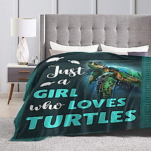 Just A Girl Who Loves Turtles Blanket Teal Sea Turtle Decor Throw Blanket Gifts for Girls Boys Super Warm Soft Plush Lightweight Fleece Flannel Blanket Bedding Blanket for Kids Adults Women 60"X50"