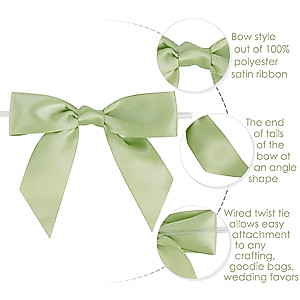 AIMUDI Sage Green Satin Ribbon Twist Tie Bows 3.5" Pretied Bows Premade Bows for Treat Bags Crafts Gift Wrapping Basket Wedding Favors Cookie Candy Bagging Cake Pop Bridal Shower - 50 Counts