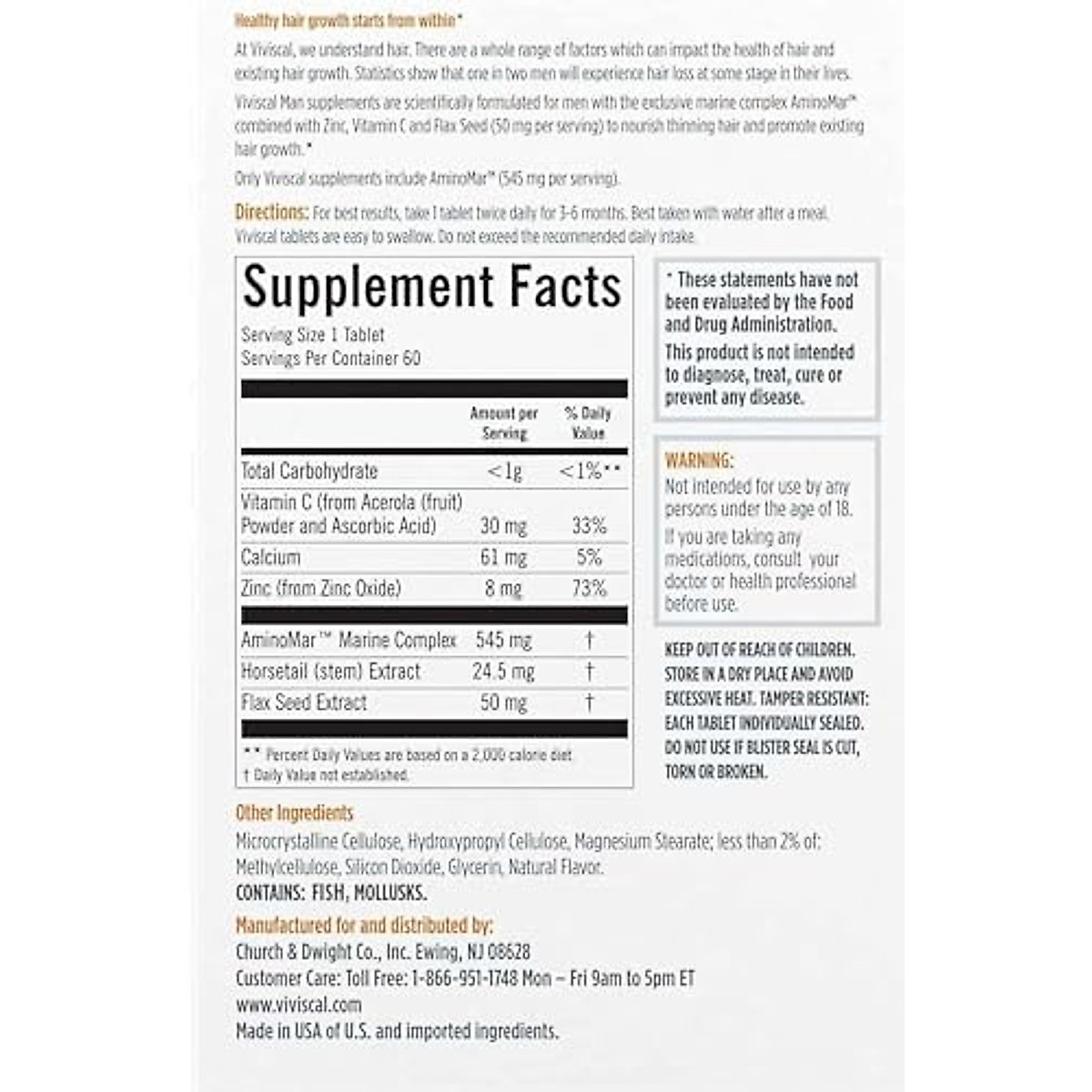 Viviscal Men's Hair Growth Supplements for Thicker, Fuller Hair Clinically Proven with Proprietary Collagen Complex, 60 Tablets - 1 Month Supply