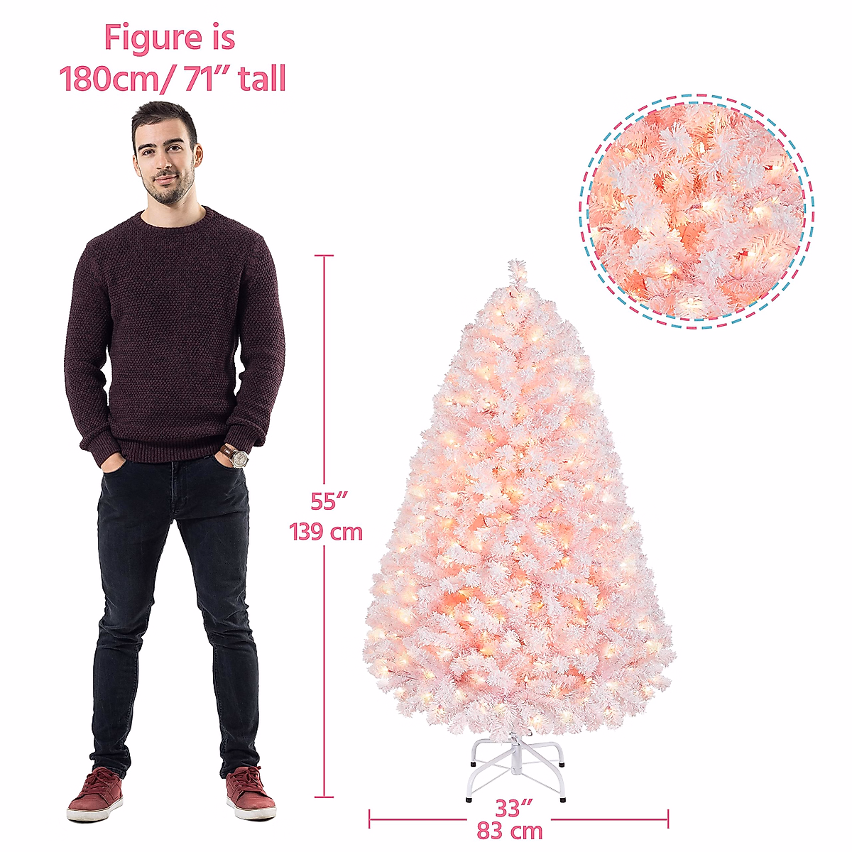 Yaheetech 4.5ft Pre-lit Artificial Christmas Tree with Incandescent Warm White Lights, Snow Flocked Full Prelighted Xmas Tree with 340 Branch Tips, 150 Incandescent Lights & Foldable Stand, Pink