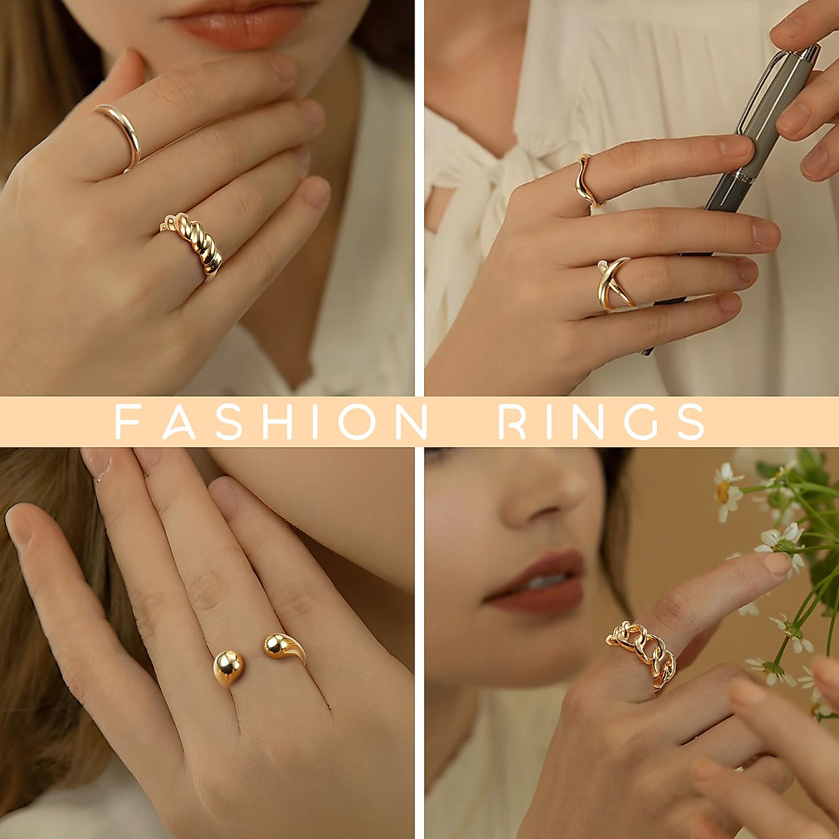 FIBO STEEL 12PCS Gold Rings for Women: 18K Gold Plated Chunky Stacking Rings Set