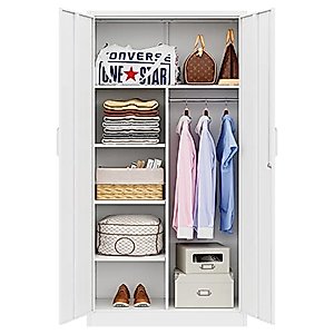 MIIIKO Steel Wardrobe, 72" Combination Storage Cabinet with Clothes Rod and 4 Shelves Organizer Storage, 2 Lockable Doors, for Office Home, Garage, Laundry Room