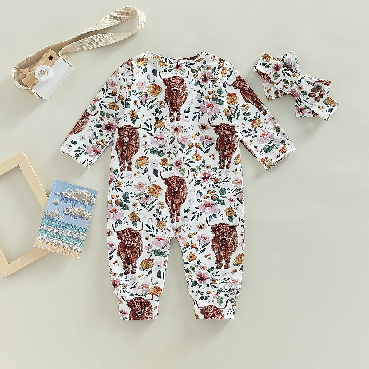 Karuedoo Western Baby Girl Clothes Cow Print Long Sleeve Romper Jumpsuit Zip Up Onesie Bodysuit Headband Cute Cow Outfit (A Beige, 0-3 Months)