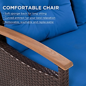 Hlcodca 4 Piece Wicker Patio Conversation Furniture Set,PE Rattan Patio Seating Set with Acacia Wood Tabletop and Legs, Outdoor Sofa Set for Balcony, Porch, Backyard (Brown and Blue/)