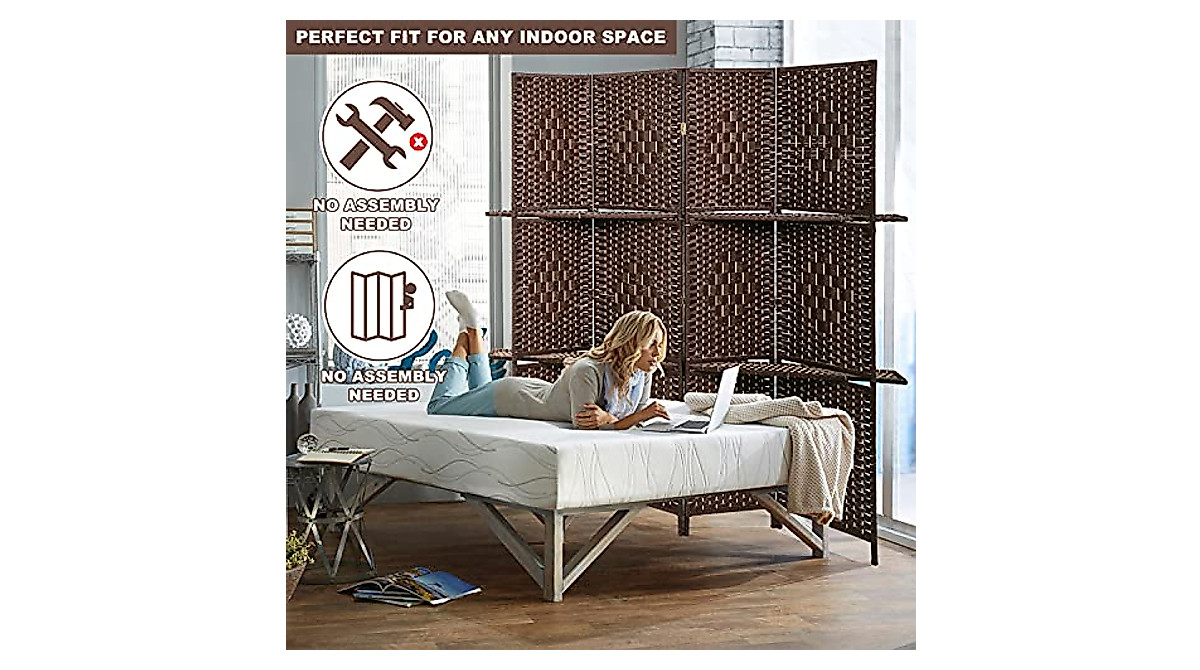 Dkeli 4-Panel Solid Wood Room Divider with Shelves - Elegant Privacy Screen