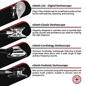 eSteth Pediatric Stethoscope - Ultra Sensitive Dual-Head Chest Piece for Monitoring Amplified Heart, Lung Sounds - Flexible Stethoscope Tubing - Extra Ear Tips & Non-Chill Ring - 32" Long, Cherry Red