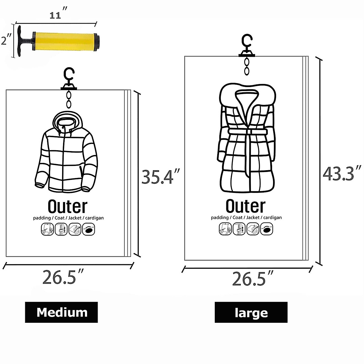 Hanging Vacuum Storage Bags, 2024 New Reusable Hanging Vacuum Storage Bags for Clothes, Coats, Jackets, Hanging Compressible Storage Bag Space Saver Bags with Hand Pumps (Large, 5Pcs)