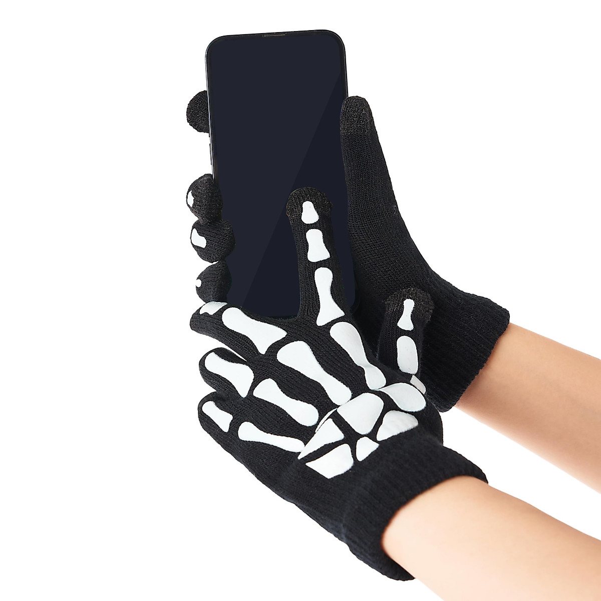 Spooktacular Creations Skeleton Gloves with Touchscreen, Glow in the Dark Short Skeleton Gloves for Adults, Kids, Halloween Costume Accessory, Cosplay Party