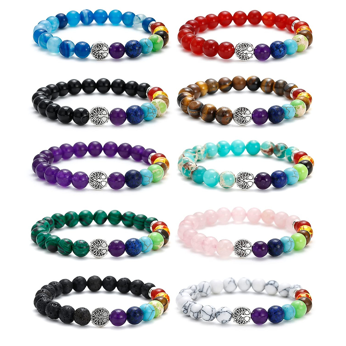 BOMAIL 10Pcs Tree of Life Healing Crystals Bracelet - 7 Chakra Semi Precious Stones Beaded Bracelets Yoga Stress Relief Reiki Stretch Bracelets for Women Men