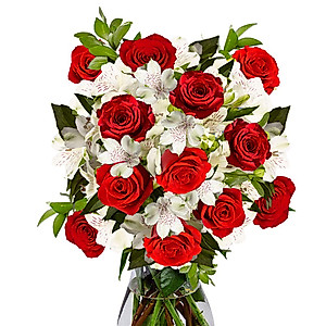 Red and White Flower Bouquet- Roses and Alstroemerias with Greens- Fresh Flower Arrangement