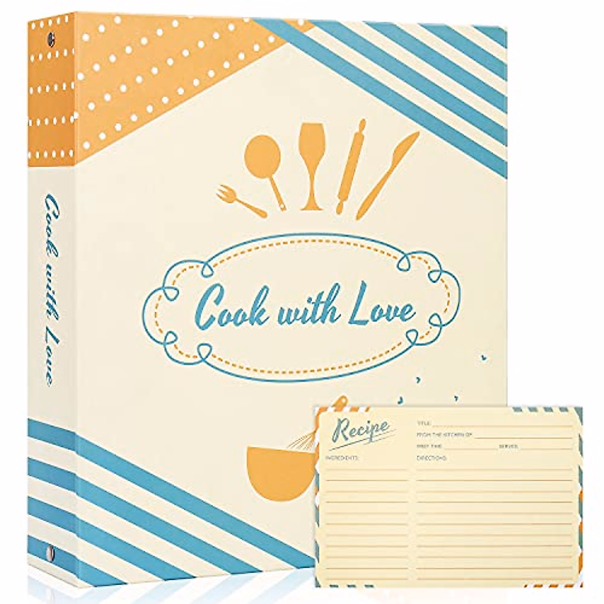Recipe Binder Kit with Cards - 3 Ring Full Page Recipe Book Binder 8.5"x11", 60 4X6 Recipe Cards, Card Protectors, Dividers and Labels for Family Recipe Organizer, Cook with Love Design