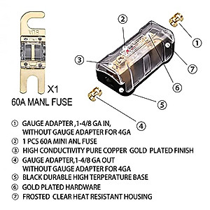 Magic source Mini ANL Fuse Holder Wire Inline Fuse 60 A,4/8 Gauge to 4/8 Ga Copper Gold-Plated Fuse Block for Car Audio (1 Way)