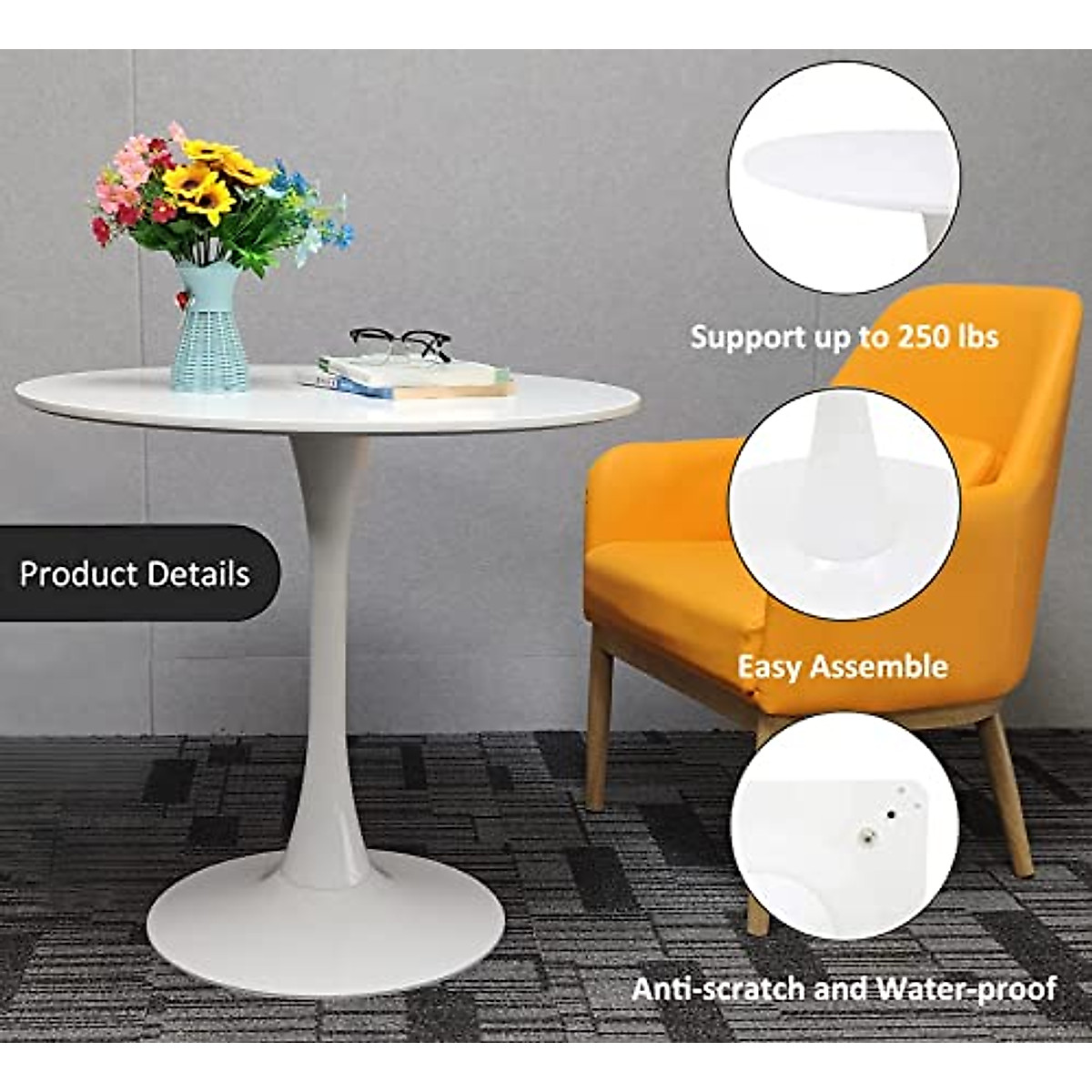 Modern Round Table - 31.5'' Round White Kitchen Table with MDF Table Top, Modern Table Top Tulip Table Round Kitchen Table for Kitchen, Dining Room and Living Room
