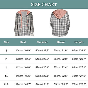 Knemksplanet Women Plaid Hooded Shirt Drawstring Flannel Sweatshirt Hoodie Jacket Casual Button Down Blouse Tops with Pocket Gray