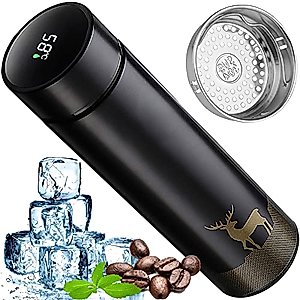 Vacuum insulated stainless steel thermos cup | men's and women's reusable daily automotive leak-proof thermos | Smart display temperature series | 16 ounces. Hot Coffee/iced drink/Tea Cup (Black)