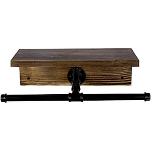 MyGift Wall Mounted Garment Rack with Top Rustic Burnt Solid Wood Shelf, Industrial Matte Black Metal Pipe Storage Clothing Hanger Rod and Display Shelf