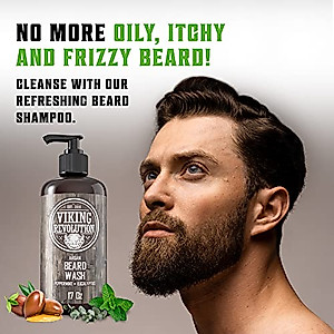 Viking Revolution Beard Wash & Beard Conditioner Set w/Argan & Jojoba Oils – Softens, Smooths & Strengthens Beard Growth - Natural Peppermint and Eucalyptus Scent - Beard Shampoo w/Beard Oil (17 oz)