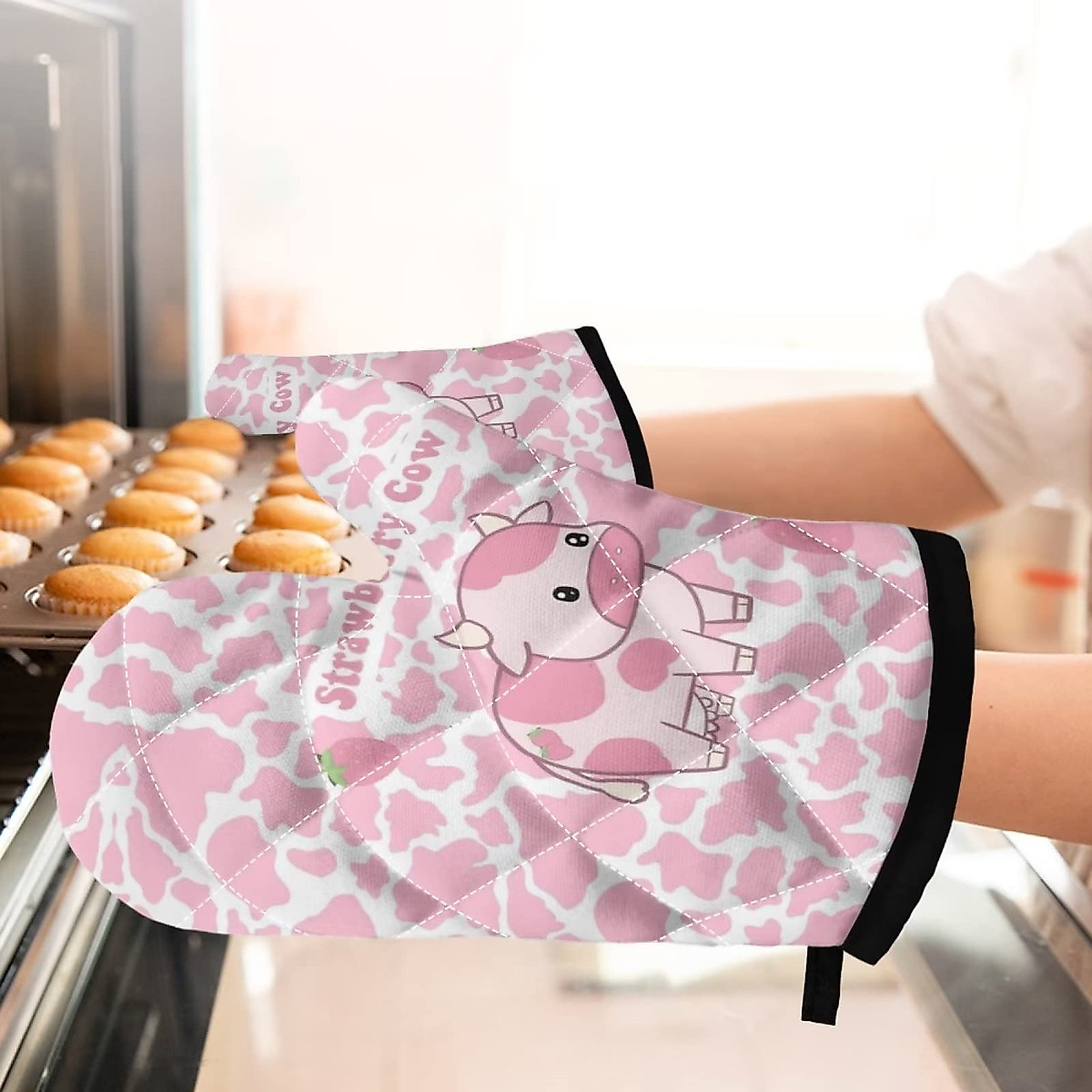Buybai Cute Cow Strawberry Pattern Kitchen Oven Gloves Heat Resistant Oven Mitts Women Kitchen for BBQ, Baking, Cooking
