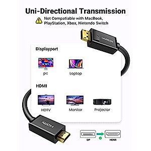 UGREEN 4K Displayport to HDMI Cable Uni-Directional UHD DP to HDMI Connector Video Display Cord for HDTV Monitor Projector Computer 6FT