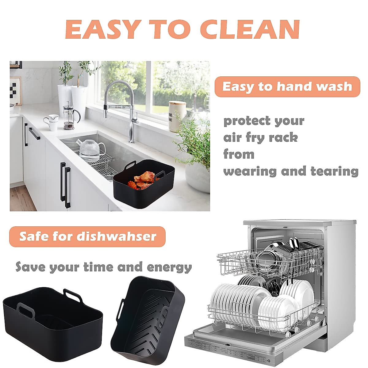 2 Pack Air Fryer Liners Silicone Pot for Ninja Foodi Dual DZ201 8QT / DZ090 6QT Air Fryer Accessories Reusable Air Fryer Silicone Liners Rectangle Air Fryer Basket for Oven Microwave, Black