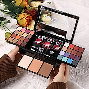 All in One Makeup Set for Women Full Kit, Includes 32 Colors Makeup Kit Eyeshadow Palette, 3 Solid Lip Gloss, 5 Pro Makeup Brushes, 3 Highlighter & Contour, 1 Make Up Mirror, Ideal Makeup Palette Gift Set for Women Girls Teens