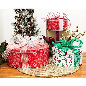 Steel Mill & Co Tin Containers with Lids, 3 Pack Christmas Cookie Tins, Festive Cookie Tins for Gift Giving & Holiday Treats, Round Metal Nesting Containers, Large Medium Small, Snowflake & Holly