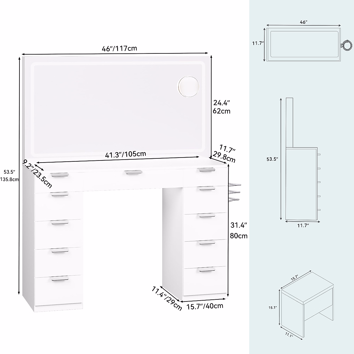 YITAHOME Makeup Vanity with LED Illuminated Mirror & Power Outlet, 46'' Vanity Desk Set Boasting 11 Drawers, Dressing Table with Storage Bench for Bedroom, 3 Lighting Color Adjustable, Off White