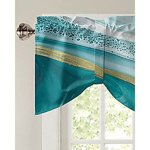 Abstract Tie Up Valance for Kitchen Windows, Turquoise White Gold Marble Texture Tie-up Curtain Shade Valances 42"x12" Rod Pocket Short Curtains Window Treatment for Living Room Stone Fluid Art