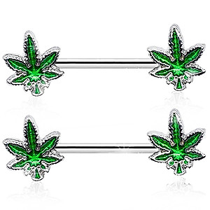 Pierce2GO 14G Nipple Piercing Surgical Stainless-Steel Set of 2 Barbell Marijuana Weed Cute Nipple Rings Nipple Piercing Jewelry for Women - 9/16" Barbell