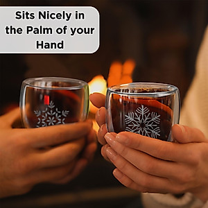 Wrenbury Mulled Wine Glasses Snowflake 7.7oz - Set of 4 Hot Toddy Mugs - Boroscilicate Double Walled Glasses - Insulated for Winter Christmas Drinks - Gluhwein Egg Nog Cups