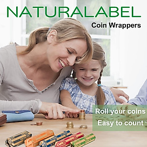 NATURALABEL 250 Assorted Flat Coin Wrappers, 50 Each of Quarters, Dollars, Dimes, Nickels, Pennies, Coin Striped Kraft Packing