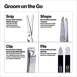 Men's Grooming Kit by Revlon, Nail Clipper, Safety Grooming Scissors, Nail File & Tweezers, High Precision Hair Removal Tools, Stainless Steel (Pack of 1)