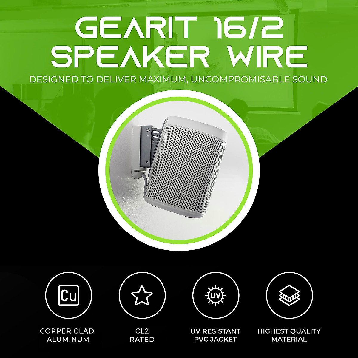 GearIT 16/2 Speaker Wire (100 Feet) 16 Gauge (Copper Clad Aluminum) - Fire Safety in Wall Rated Audio Speaker Wire Cable / CL2 Rated / 2 Conductors - CCA, 100ft