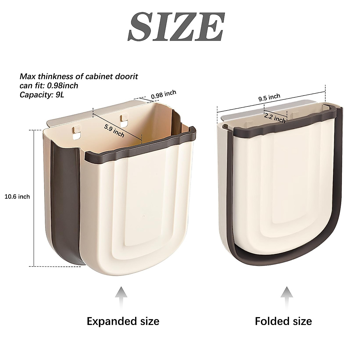 Aimkeoulee Hanging Kitchen Trash Can for Kitchen Counter,9L Collapsible Plastic Waste Bin for Cabinet Door, Wall Mounted 2.4 Gallon Foldable Small Wastebasket for Kitchen, Bathroom, Bedroom(Khaki)