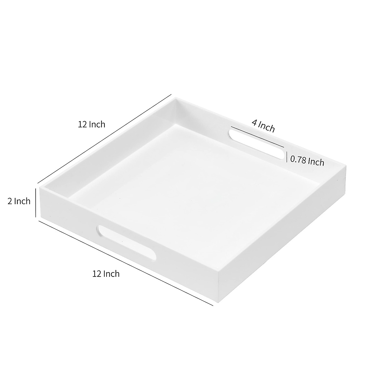 MUKEEN Glossy White Acrylic Serving Tray with Handles, 12x12x2H Inches - Spill Proof, Decorative Trays for Countertop, Ottoman Coffee Table, Nightstand, Breakfast, Tea, Food