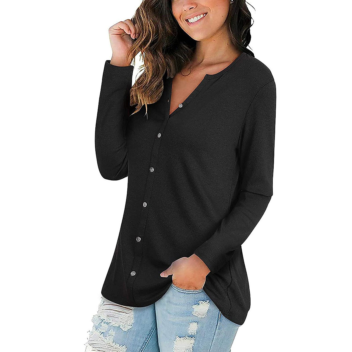 Aniywn Women's Button Down Henley Shirt Casual Solid Color Long Sleeve t Shirt Ladies Plain Tops Blouse for Work Office Black