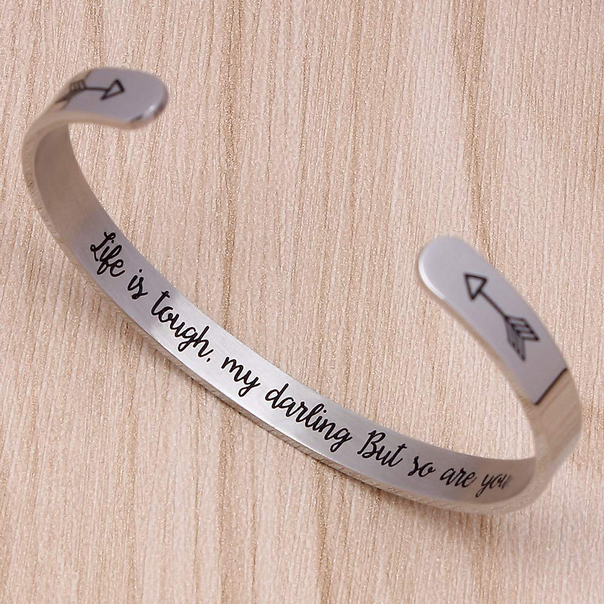 Btysun Inspirational Bracelets for Women Birthday Gifts for Her Motivational Cuff Bangle Silver Couple Bracelet Friend Friendship Mantra Quotes Jewelry(Life is Tough,My Darling ...)